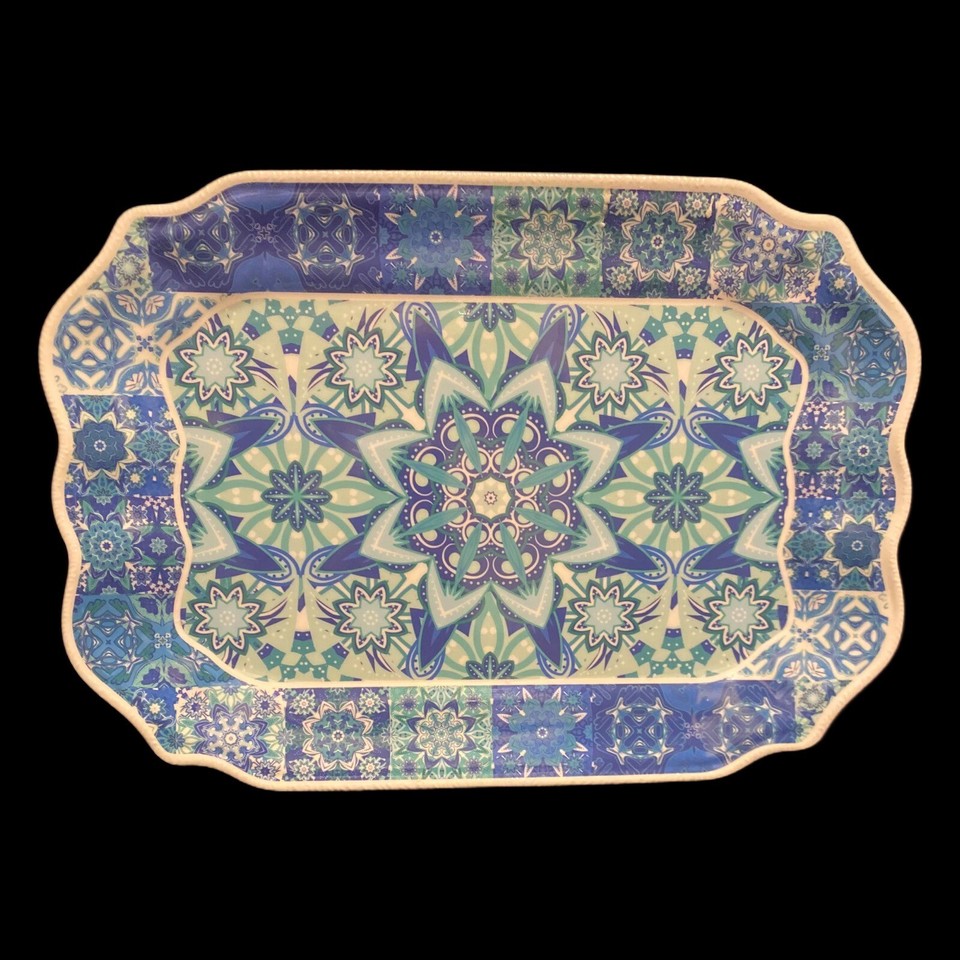 Baci Milano Melamine Serving Tray Medallion Blue Tile Scalloped White ...