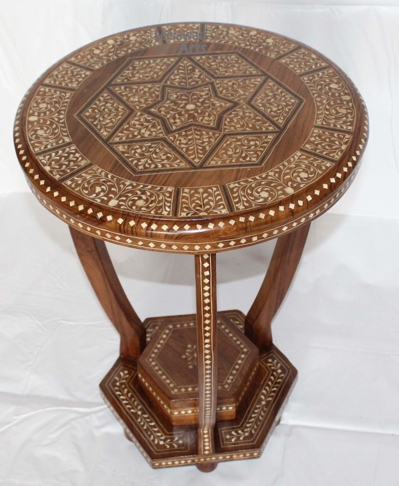 Handmade Teak Wood Floral Design Bedside Round Table | eBay