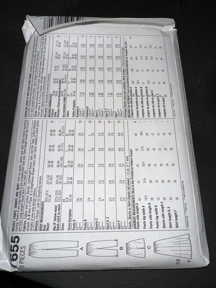 Simplicity Pattern 7655 - Misses' Pants Shorts Skirt Sz XS - M | eBay