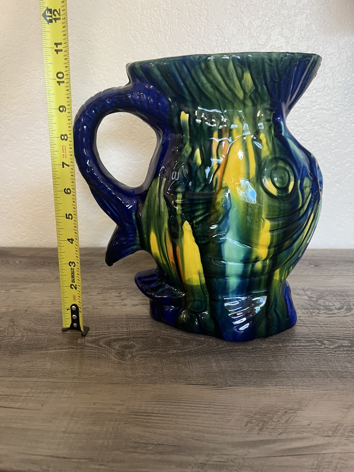 Large Vintage Fish Pitcher with drip glaze Blues Yellow Greens Teal | eBay
