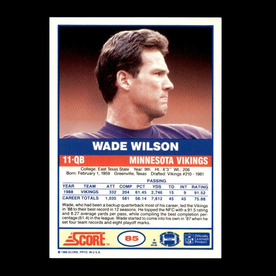 Wade Wilson 1989 Score Minnesota Vikings #85 R329N 56 | eBay
