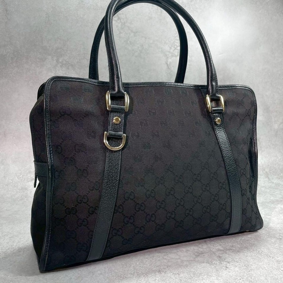 GUCCI GG Canvas and Leather Tote Bag Black Gold Hardware Large Vintage ...