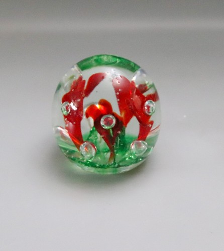 Vtg Joe St. Clair Art Glass Controlled Bubbles Paperweight Red Floral ...