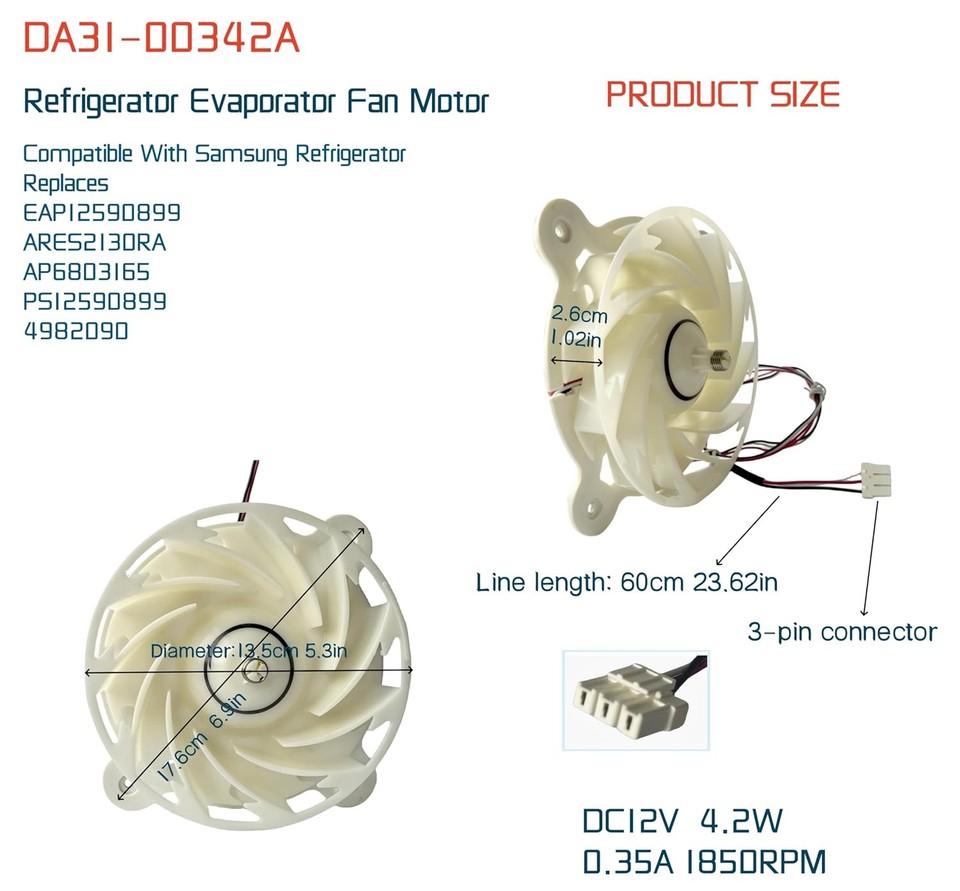 Upgraded DA31-00342A Refrigerator Evaporator Fan Motor (OEM) for ...