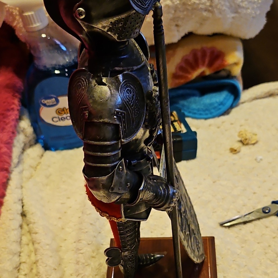 Antique Knight Armor Figurine Silver Red Metal Shield Spear Wooden Base ...