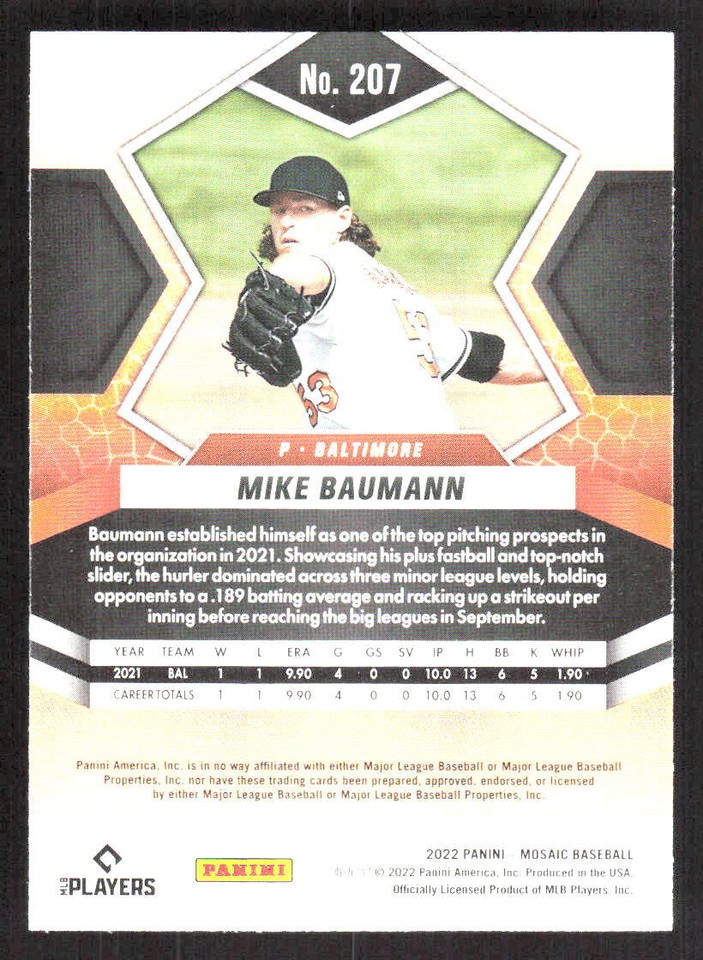 2022 Panini Mosaic Mike Baumann #207 Baseball Rookie Baltimore Orioles ...