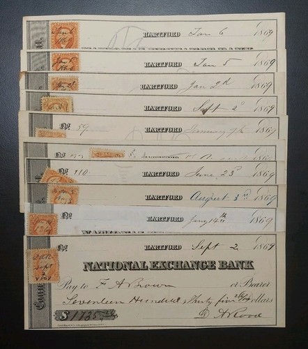 1869 US LOT OF 10 OLD BANK CHECKS WITH REVENUE STAMPS HARTFORD ...