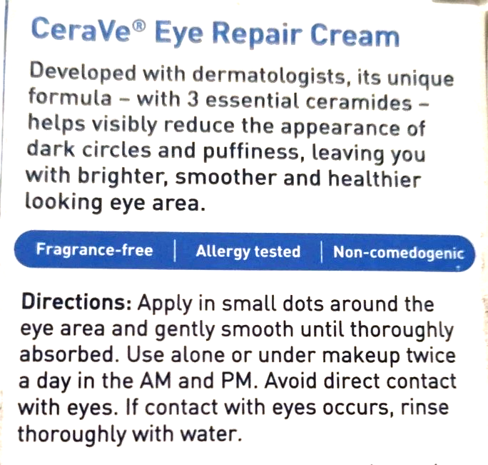 CeraVe Eye Repair Cream 0.5 Ounce Under Eye Cream for Dark Circles and ...