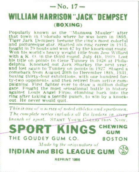 (50) JACK DEMPSEY 1933 Goudey Sport Kings Gum Boxing Card #17 Reprints ...