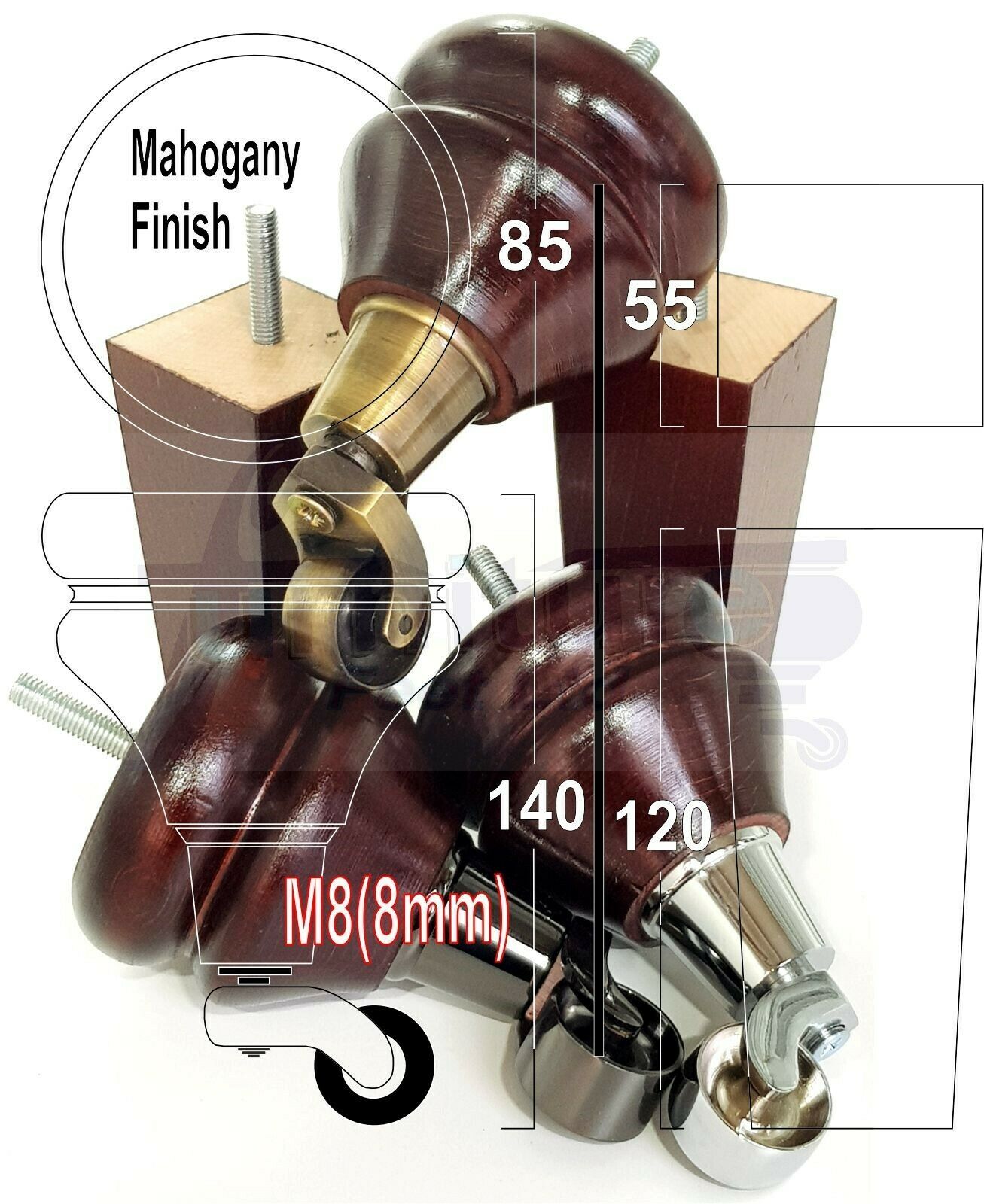 4x WOODEN FURNITURE CHAIR LEGS M8 REPLACEMENT SOFA FEET WITH CASTORS ...