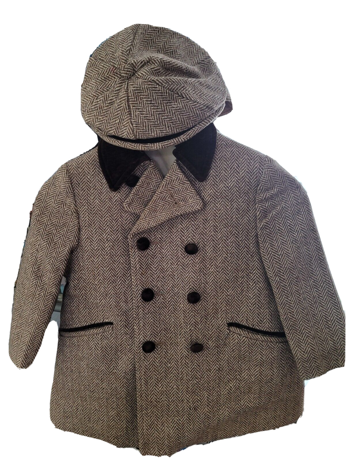 Antique Brown Herringbone Tweed Wool w/Velvet Collar … - Gem