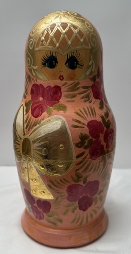 10 Pc Russian Matryoshka Handpainted NESTING WOODEN DOLLS Pink Gold 9.5 ...