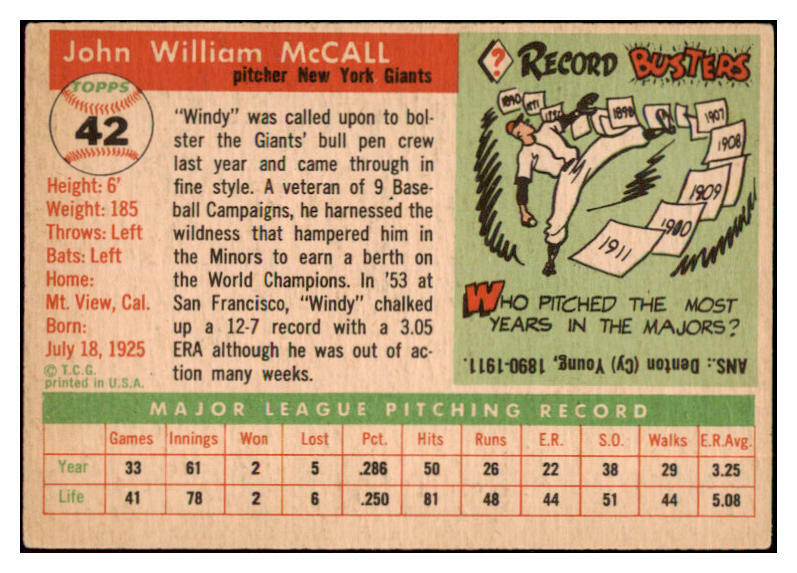 1955 TOPPS # 42 WINDY MCCALL GIANTS EX-MT SET BREAK 497024 (KYCARDS) | eBay