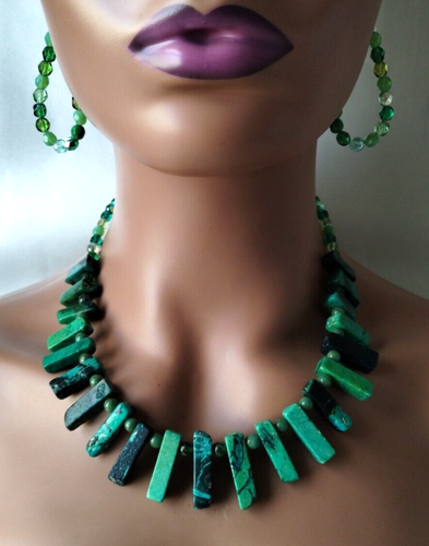 Agate Stick Cleopatra Statement Emerald Green Necklace & Pierced ...