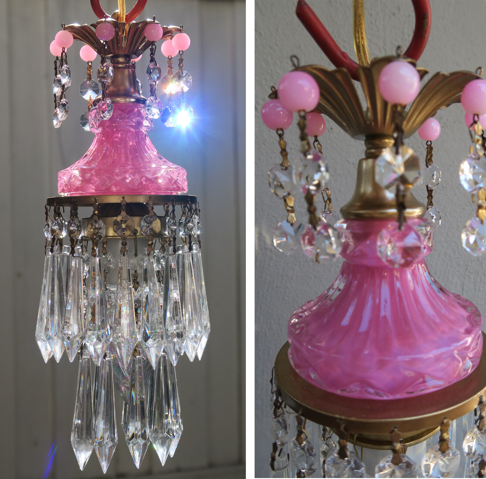 1 Vintage rose pink lady cupcake glass crystal Brass ceiling lamp ...
