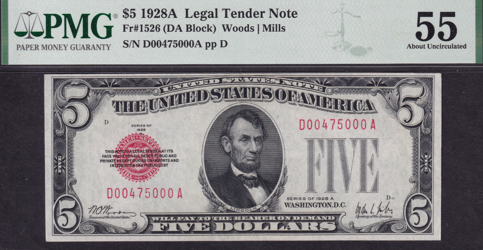 $5 1928A Legal Tender United States Note (Fancy) Fr.1526 - (DA Block ...