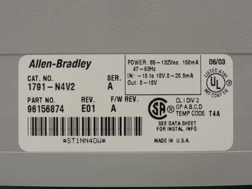 207535 Parts Only; Allen-Bradley 1791-N4V2 I/O Analog Input/Output ...