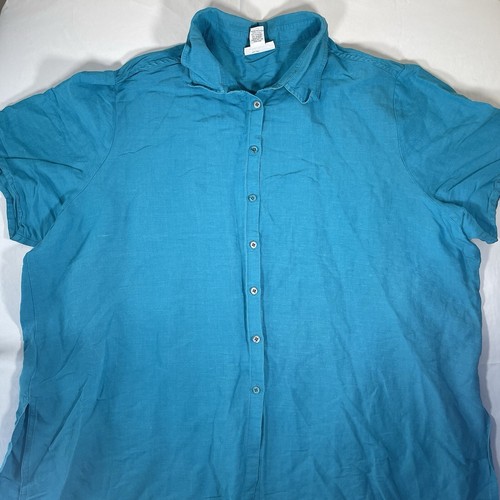 AVENUE Womens Top Size 26/28 Linen Blue Button Down Short Sleeve Shirt ...