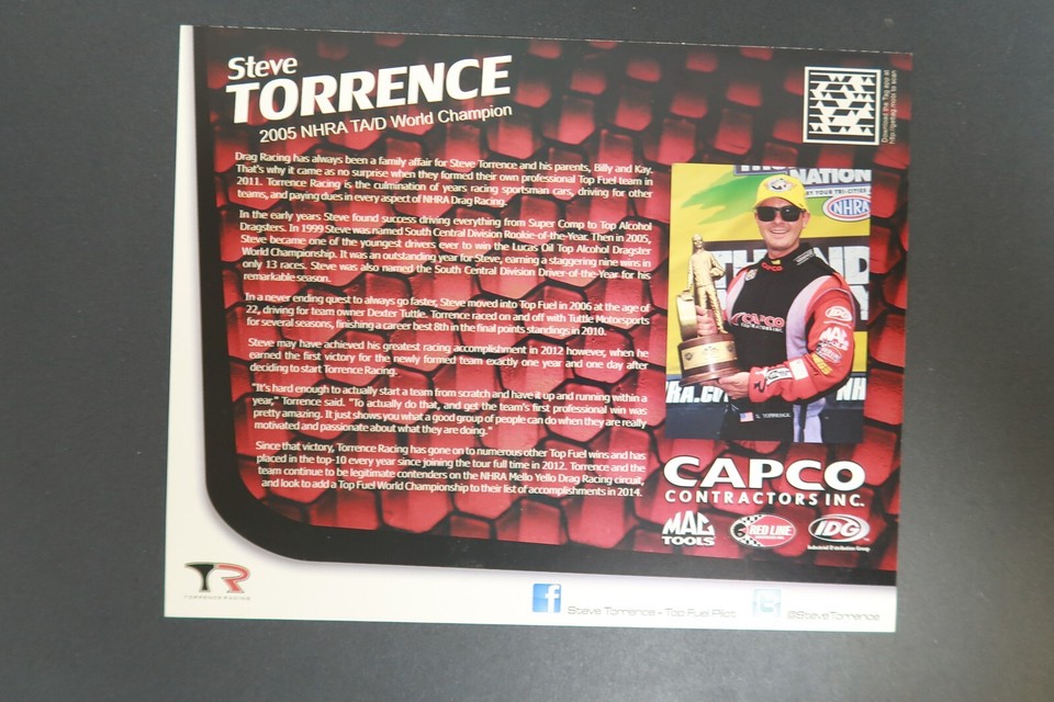 Steve Torrence Capco Contractors 8" x 10" Promotional Card 2005 NHRA ...