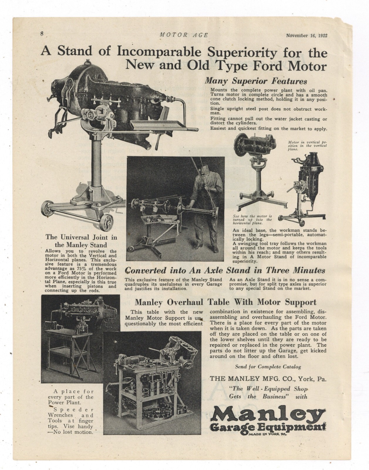 1922 Manley Mfg. Co. Ad: Garage Equipment - Engine Stand 4 Fords ...