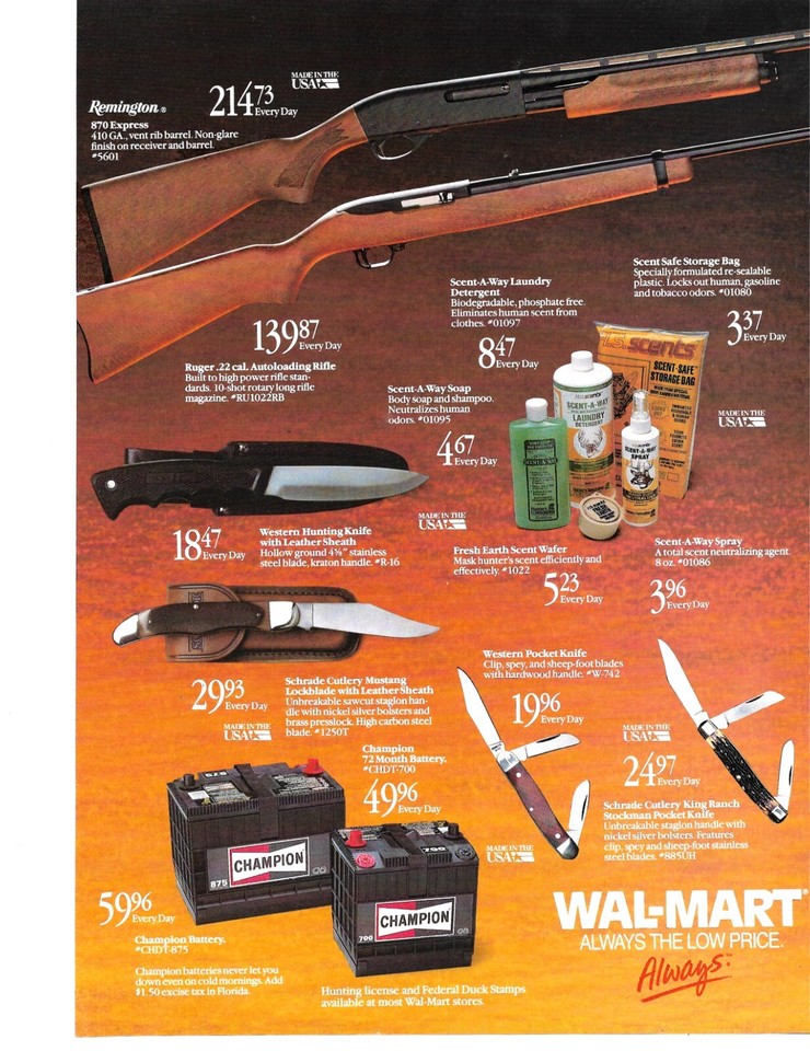 1991 WALMART HUNTING GEAR FLYER, 1 PG, 2 SIDED, GUNS, KNIVES, MAGAZINE ...