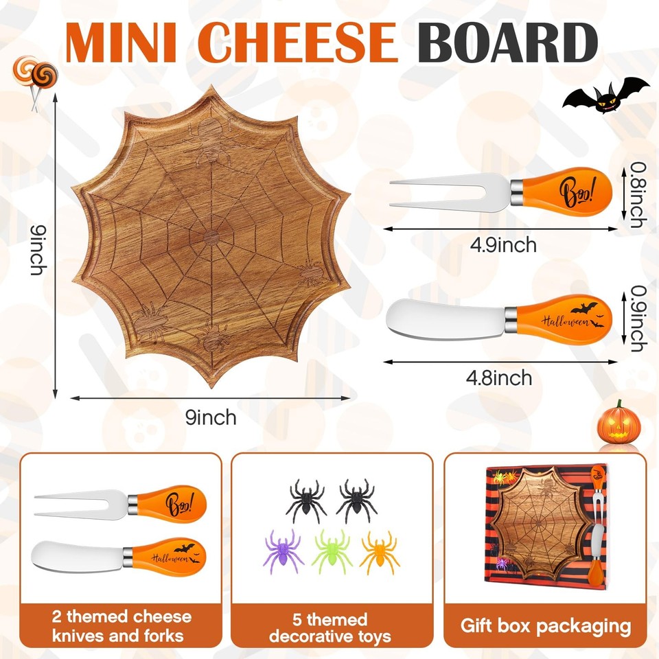Halloween Cheese Board Mini Spider Net Shaped Charcuterie Set Acacia ...