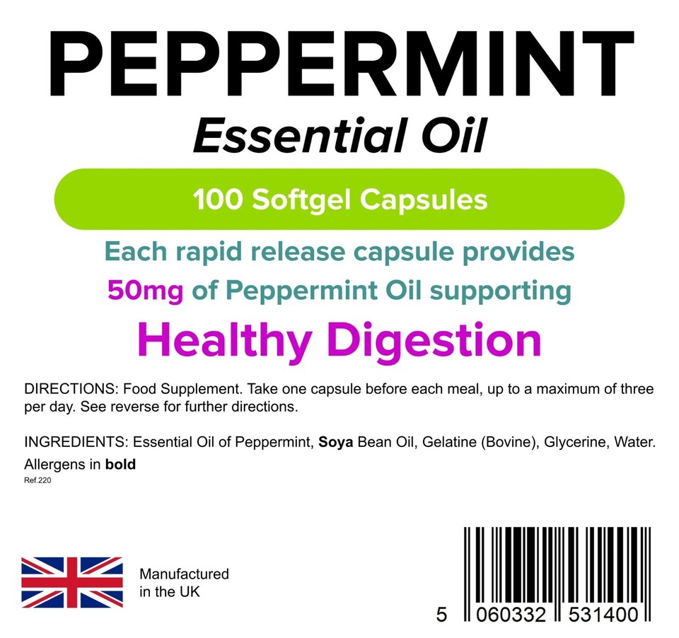 Peppermint Oil 50mg - 100 Capsules - [Lindens 1400] 5060332531400 | eBay