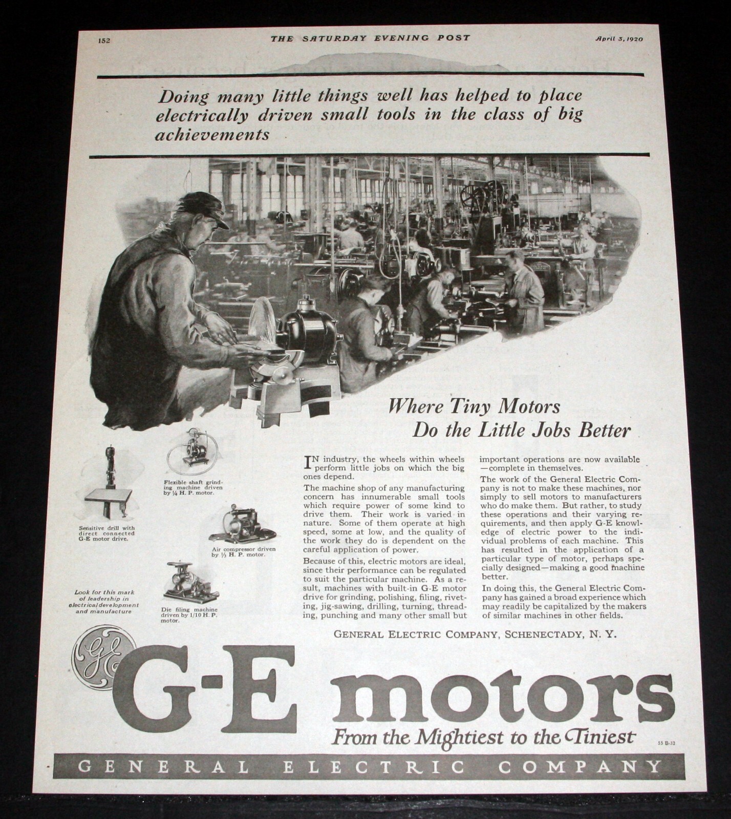 1920 OLD MAGAZINE PRINT AD, GE MOTORS, FROM THE MIGHTIEST TO THE ...