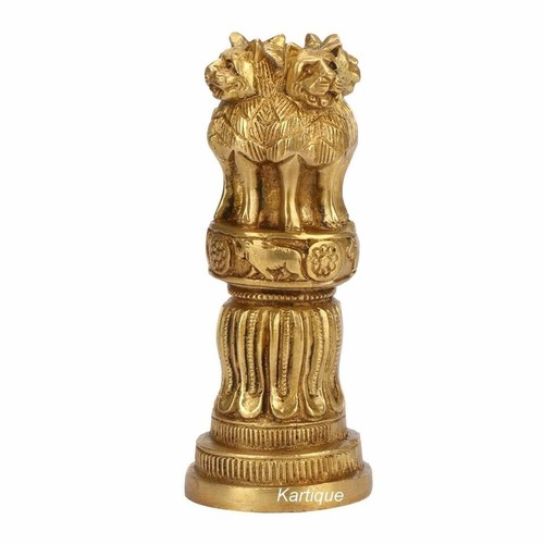 Brass Ashoka Pillar National Emblem Four Lions Idol Statue Figurine 6 ...