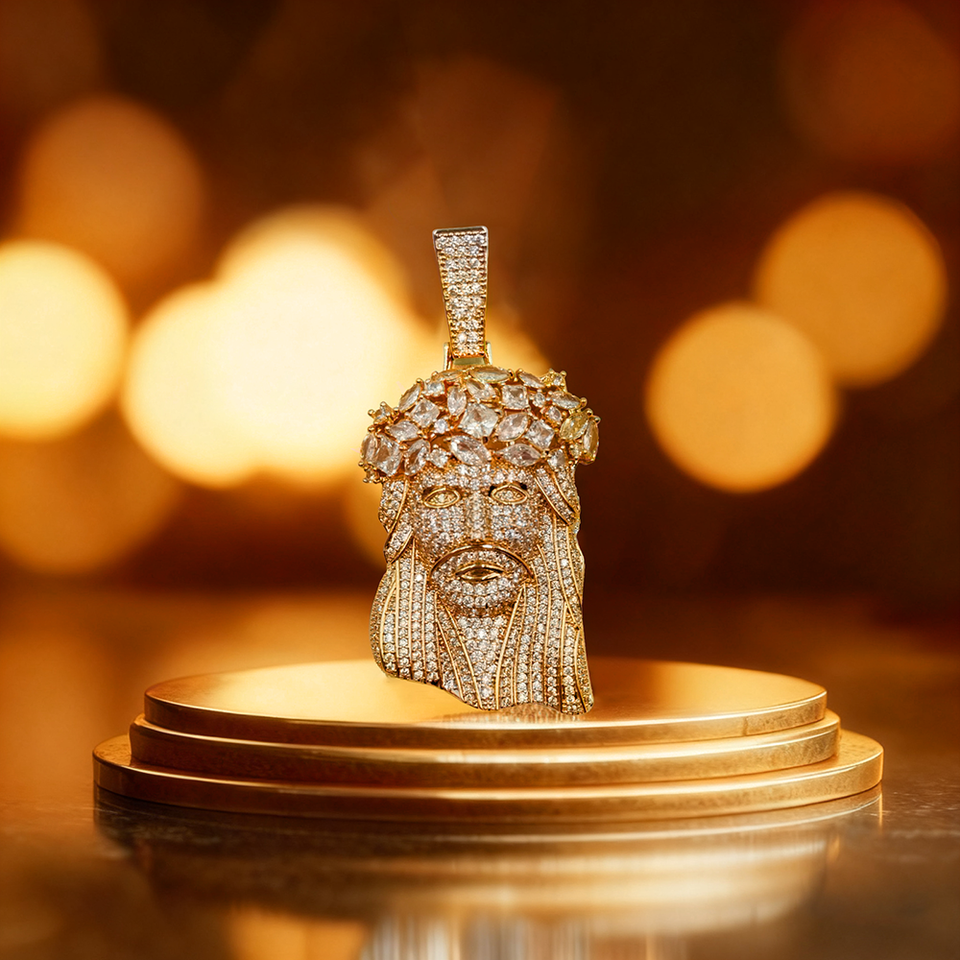 Ice crystal-encrusted Jesus portrait pendant necklace 24in stainless ...
