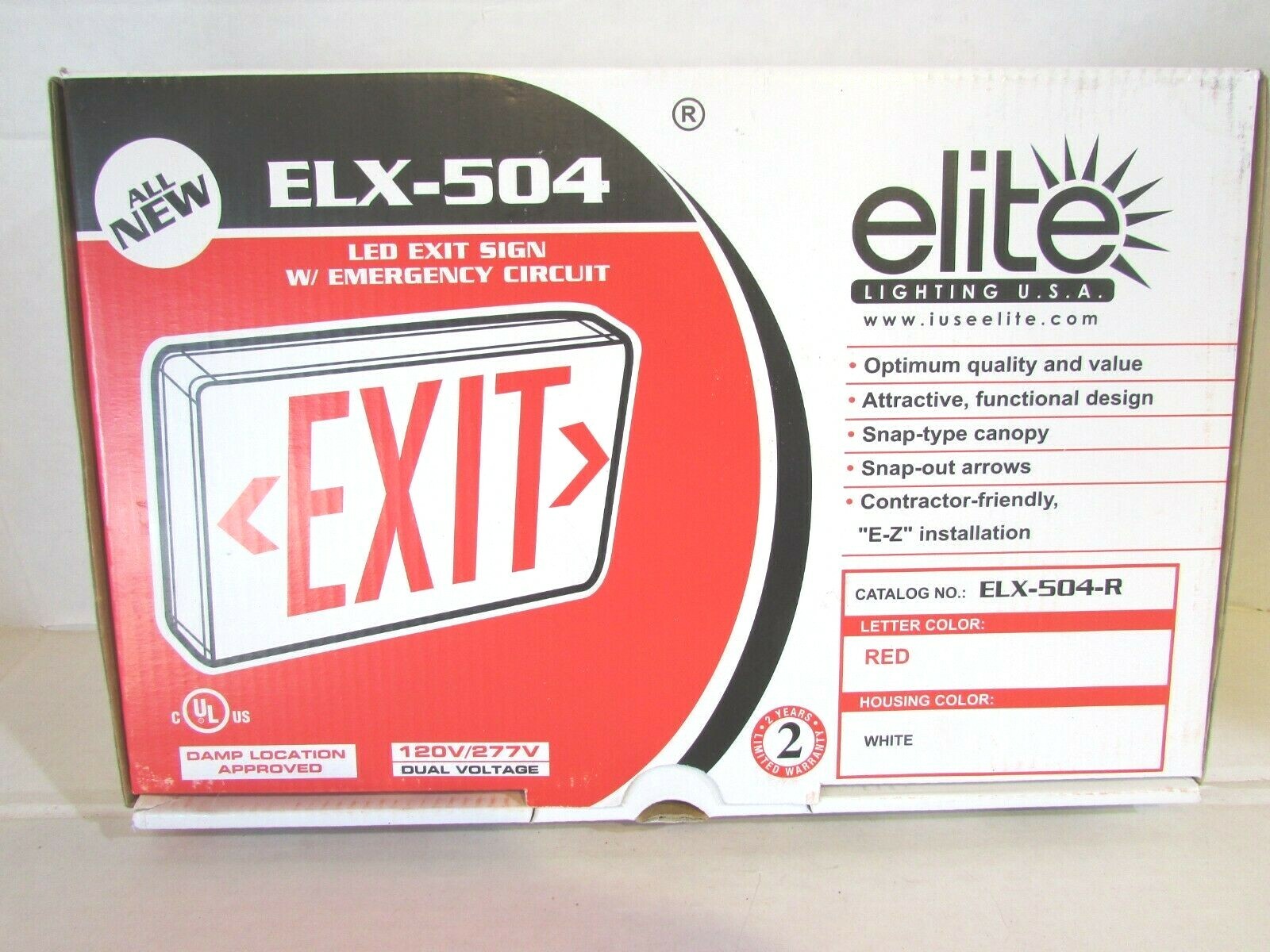 LOT OF 2 each Elite Lighting ELX-504-R-W Emergency Exit Sign for Damp ...