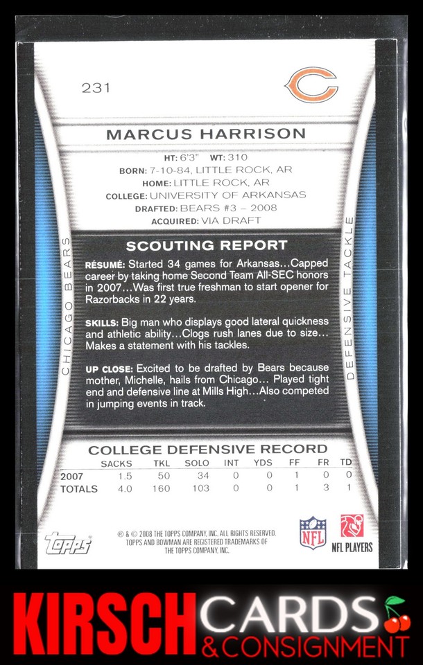Marcus Harrison 2008 Bowman #231 Chicago Bears | eBay