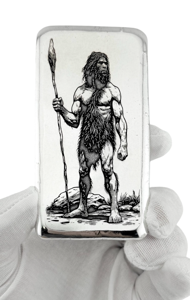10 ozt 999 Fine Silver Art Bar- PREHISTORIC MAN - ADAMO TECHNE ...