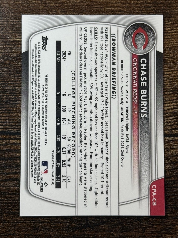 2025 Bowman Chrome - Chase Burns Prospect On Card Auto CPA-CB REDS | eBay