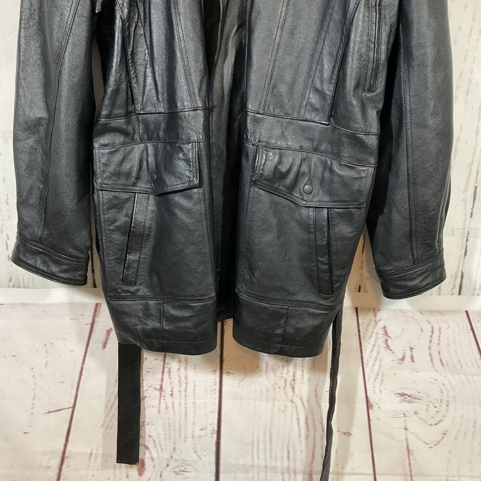 Vilanto Mens Black Genuine Leather Belted Trench Coat Jacket XL Vtg ...
