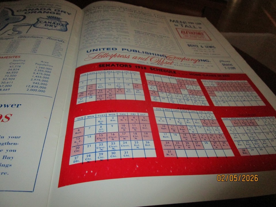 July 20 1958 Washington Senators Baseball Program vs. Chicago White Sox ...
