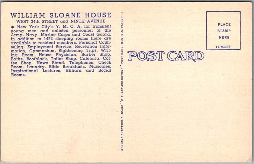 New York City Postcard WILLIAM SLOANE YMCA Hotel Boarding House / Linen ...