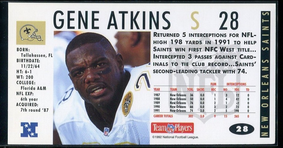 1992 Fleer GameDay Tall Boy Football Gene Atkins #28 New Orleans Saints ...