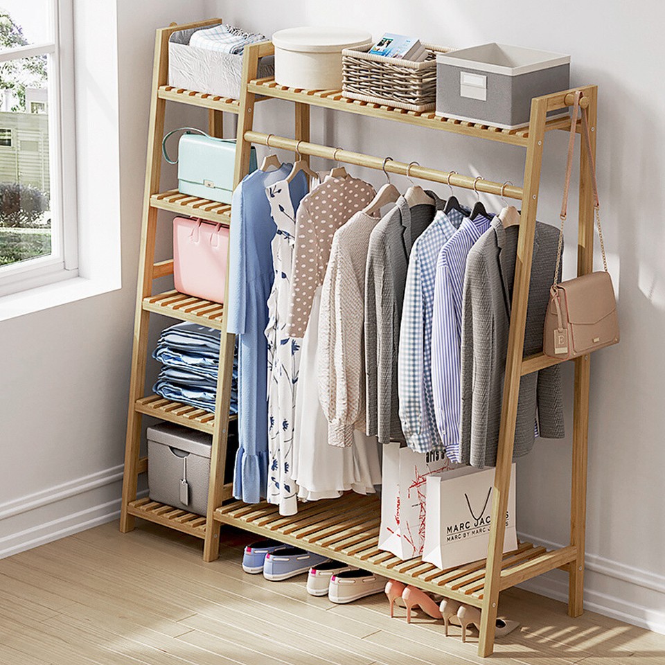Wooden Clothes Rail Rack Garment Stand Corner Open Wardrobe w/ Bottom ...