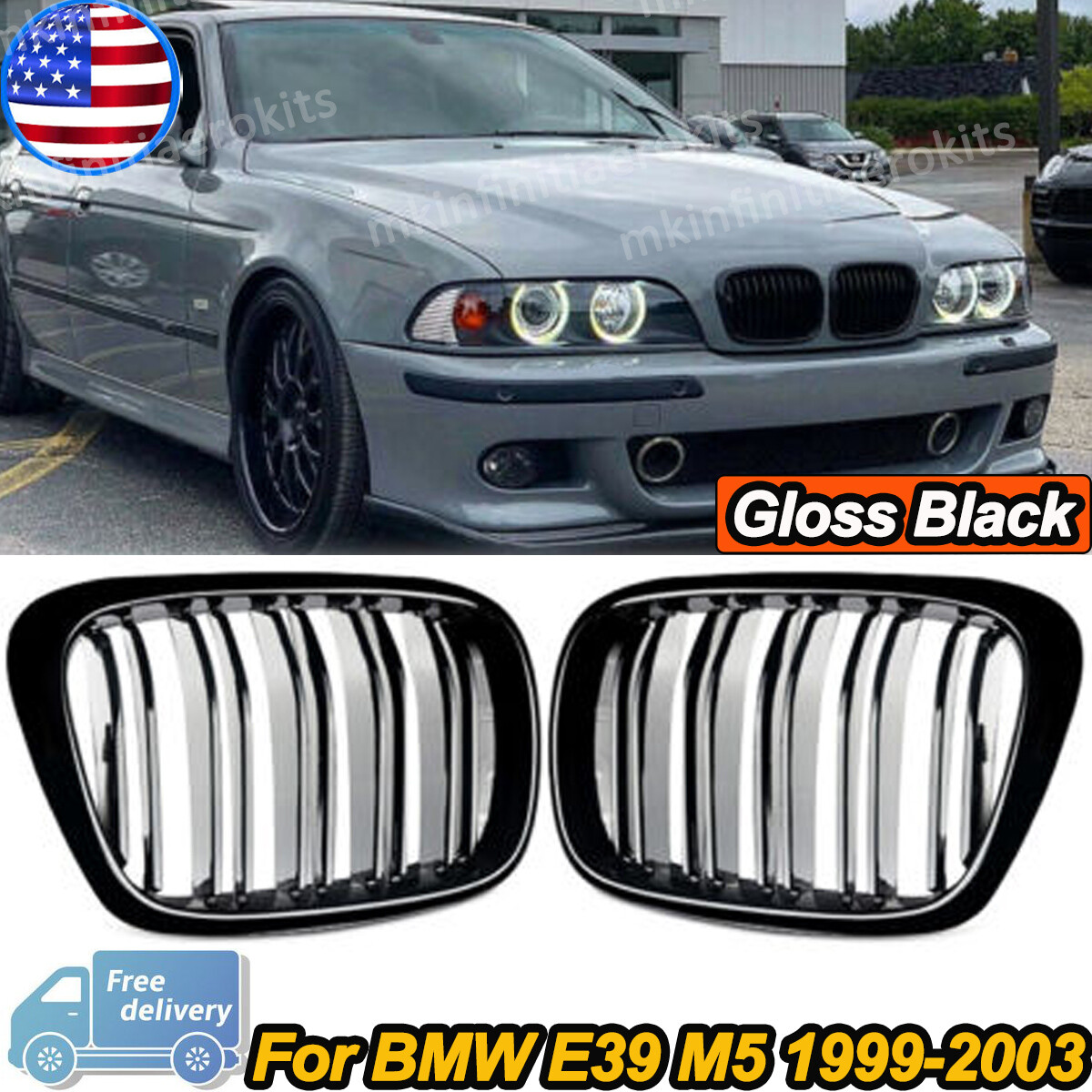 For BMW E39 525 528 530 535 M5 1999-2003 Gloss Black Front Kidney ...