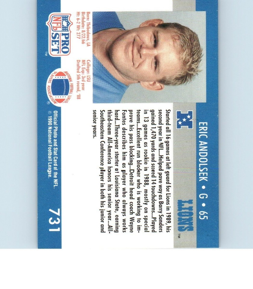 Eric Andolsek 731 Lions 1990 Pro Set NFL Football Trading Card | eBay