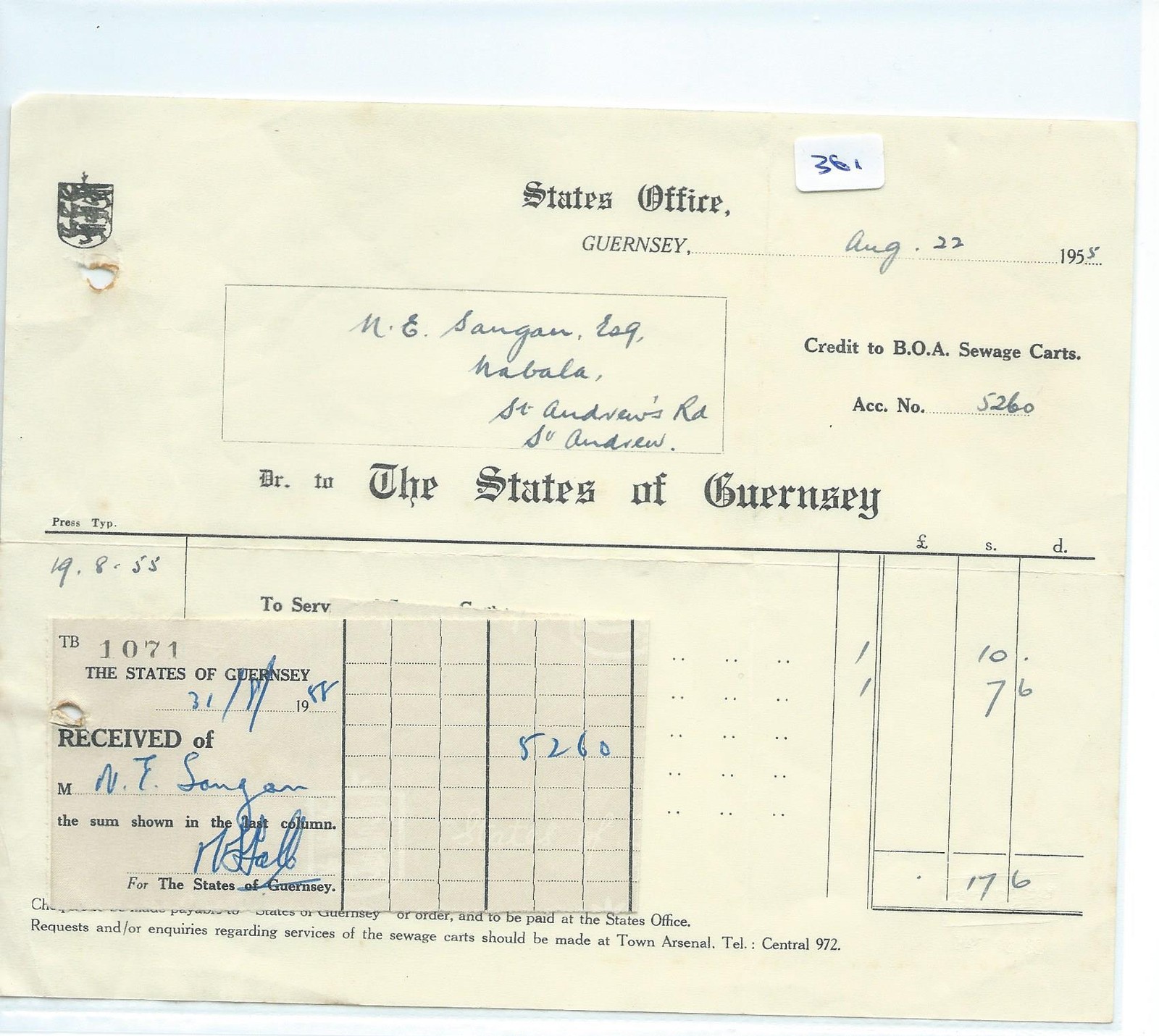 EPHEMERA - 361 - STATES OF GUERNSEY - SEWAGE CARTS - INVOICE - AUG 1955 ...