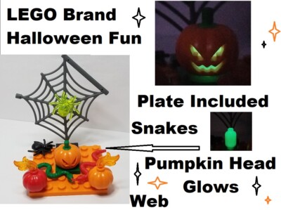 LEGO Minifigure Halloween Glowing Pumpkin Head Web Spiders Flames Scary ...