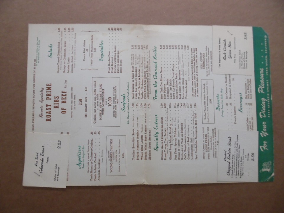 c.1960 Ricarts Restaurant Menu Long Beach California Vintage Original ...