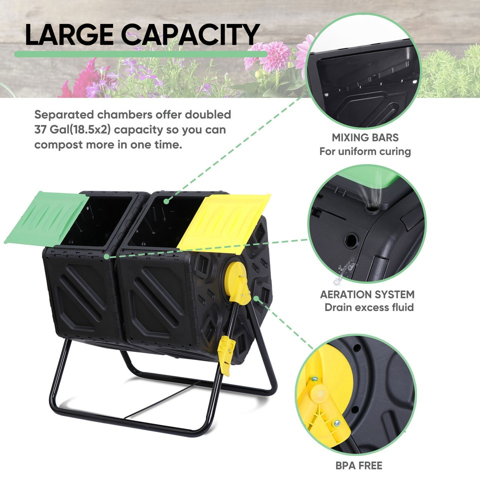 Dual Chamber Garden Compost Bin Tumbler 37 Gallon BPA Free Compost ...