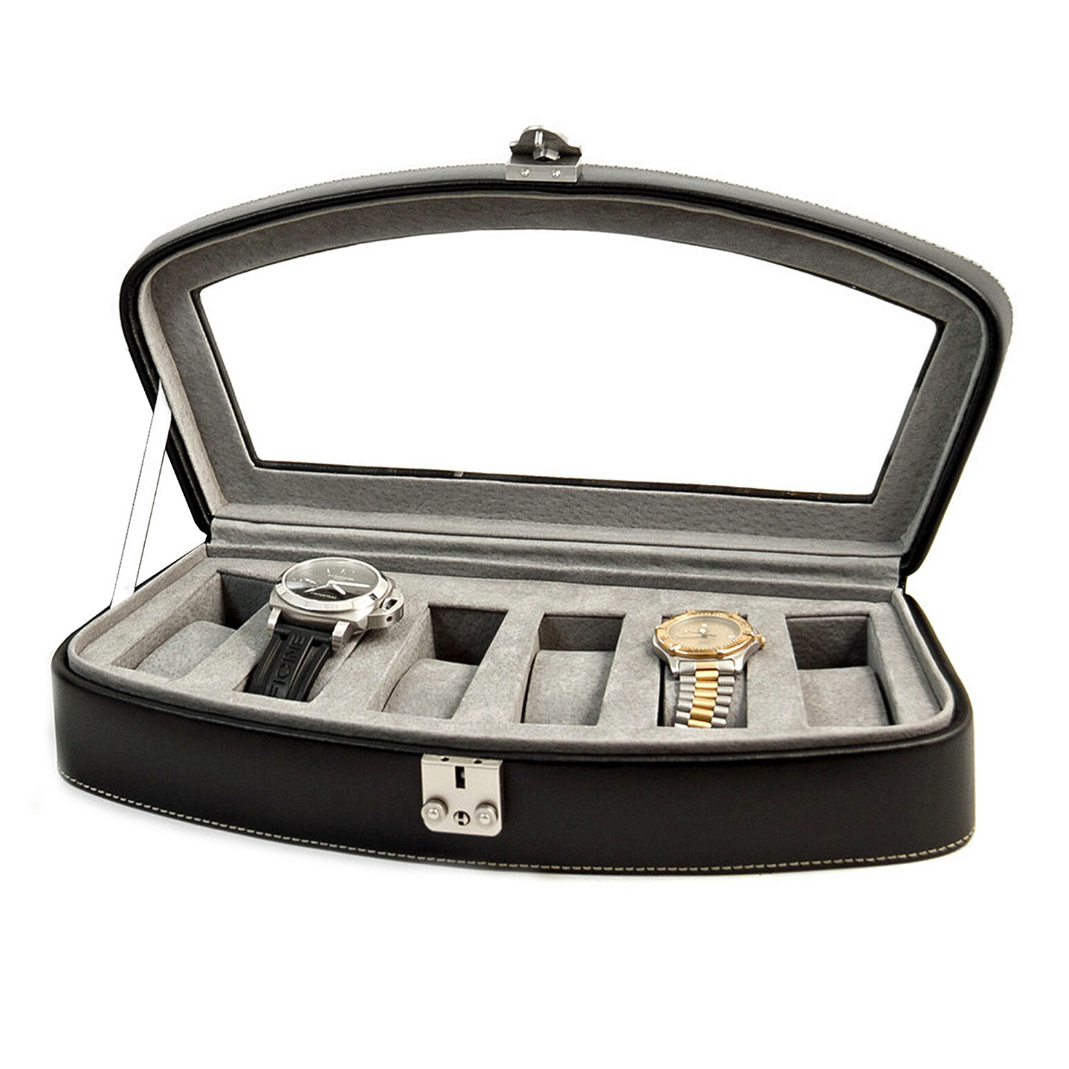 BLACK LEATHER SIX WATCH CASE WITH GLASS TOP | eBay