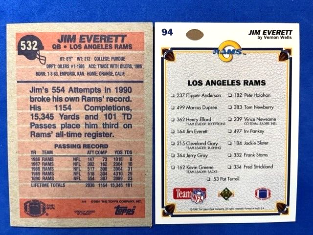 NFL - Jim Everett 1991 Topps & 1991 Upper Deck Team Checklist - Rams | eBay