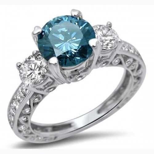 4Ct Lab-Created Blue Diamond Three-Stone Engagement Ring 14K White Gold ...