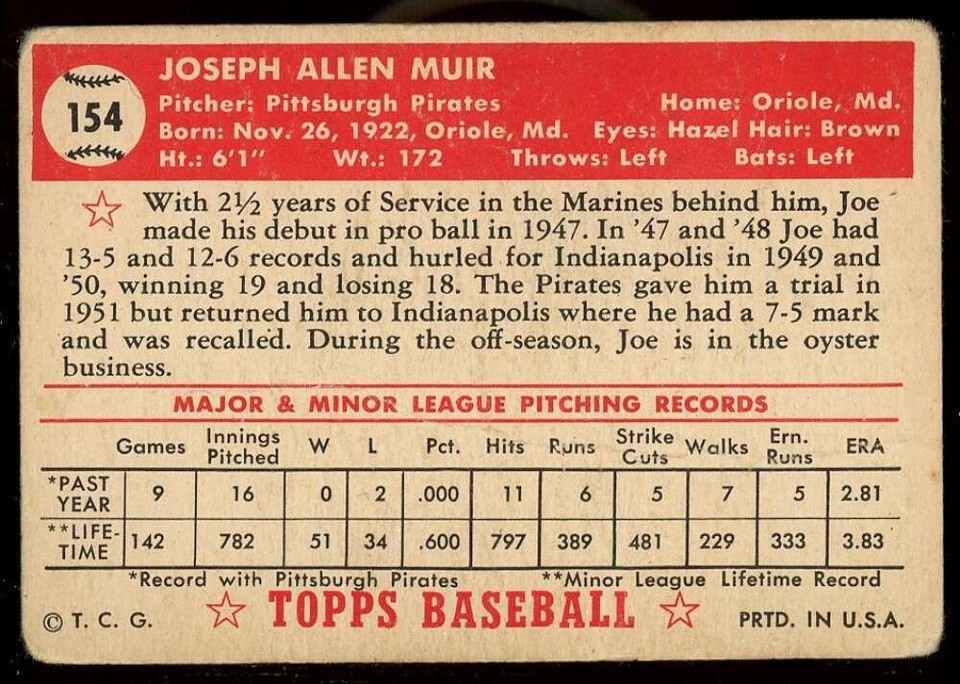 1952 Topps #154 Joe Muir FR RC Rookie Pirates 70611 | eBay