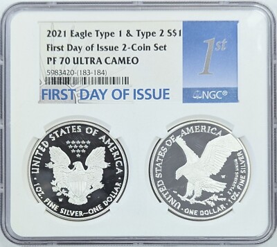 2021 NGC Silver Eagle Proof Type 1/2 Duo 2-Coin Set PF70 Ultra Cameo ...